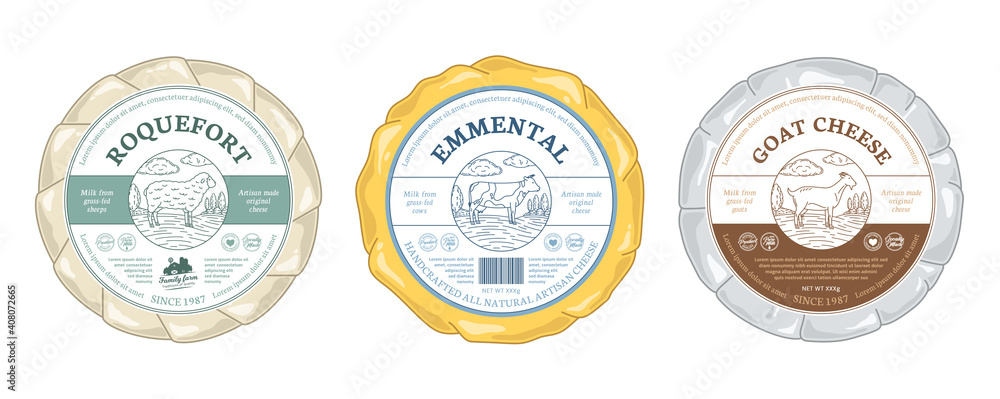 Vector cheese round labels and cheese wheels wrapped in paper. Cow ...