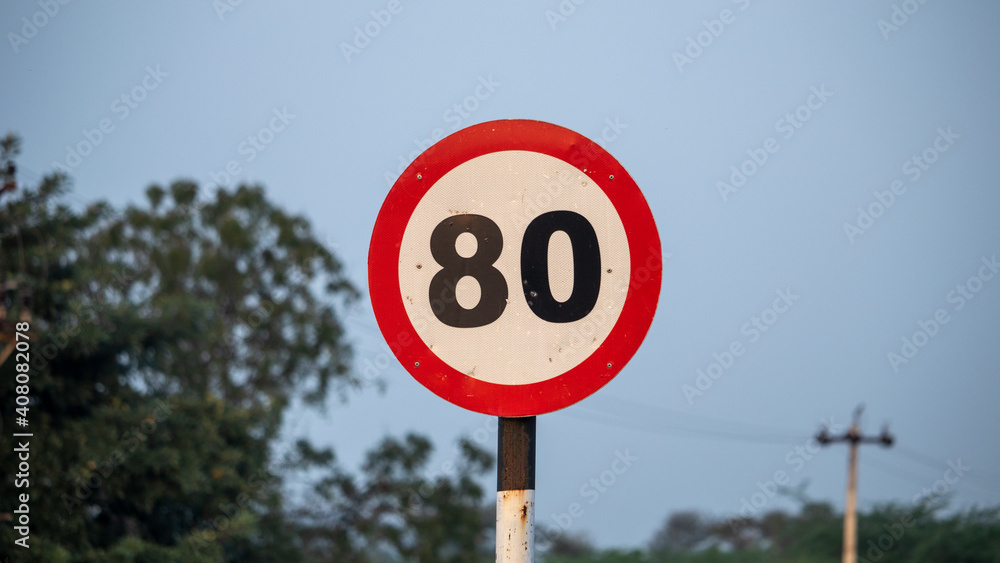 Clear Image of Circle Shaped 80 Kilometre Speed limit With White ...