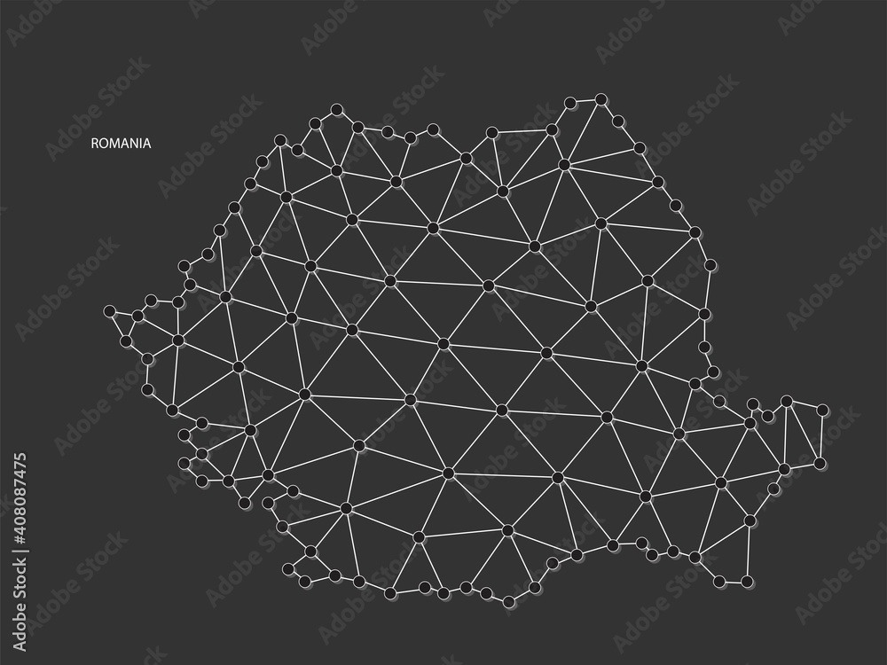 Romania Map Point scales on black background. Wire frame polygonal ...