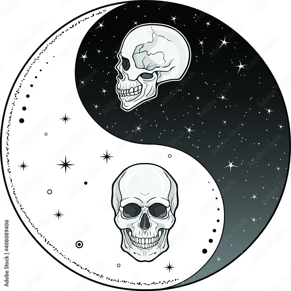 Mystical drawing: Stylized sun and moon human skull, day and night. Zen symbol. Ying yang sign ...