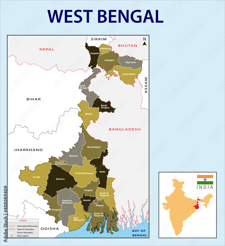 West Bengal map. Showing International and State boundary and district ...