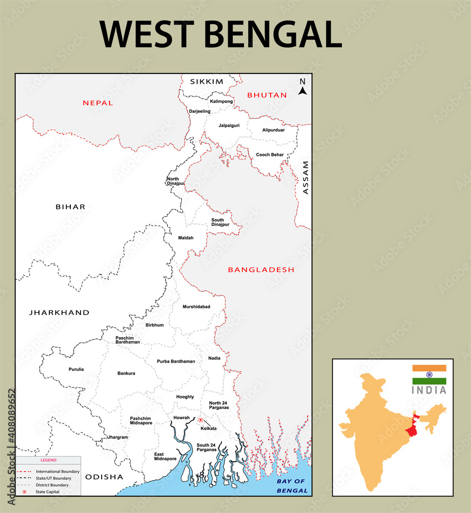 West Bengal map. West Bengal districts map with name labels. White ... West Bengal map. West Bengal districts map with name labels. White ...