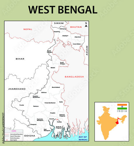 West Bengal map. West Bengal districts map with name labels. White ...