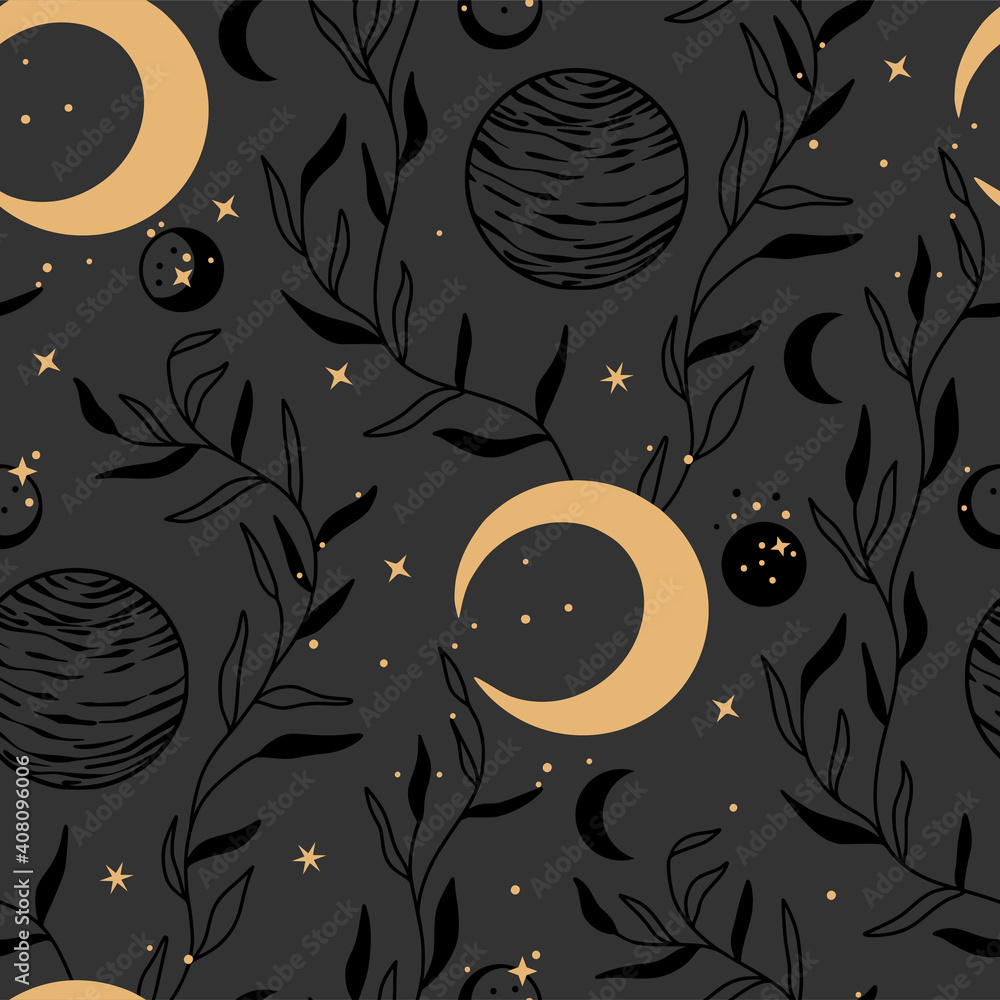 Star, moon and planet space seamless pattern. Vector galaxy background ...
