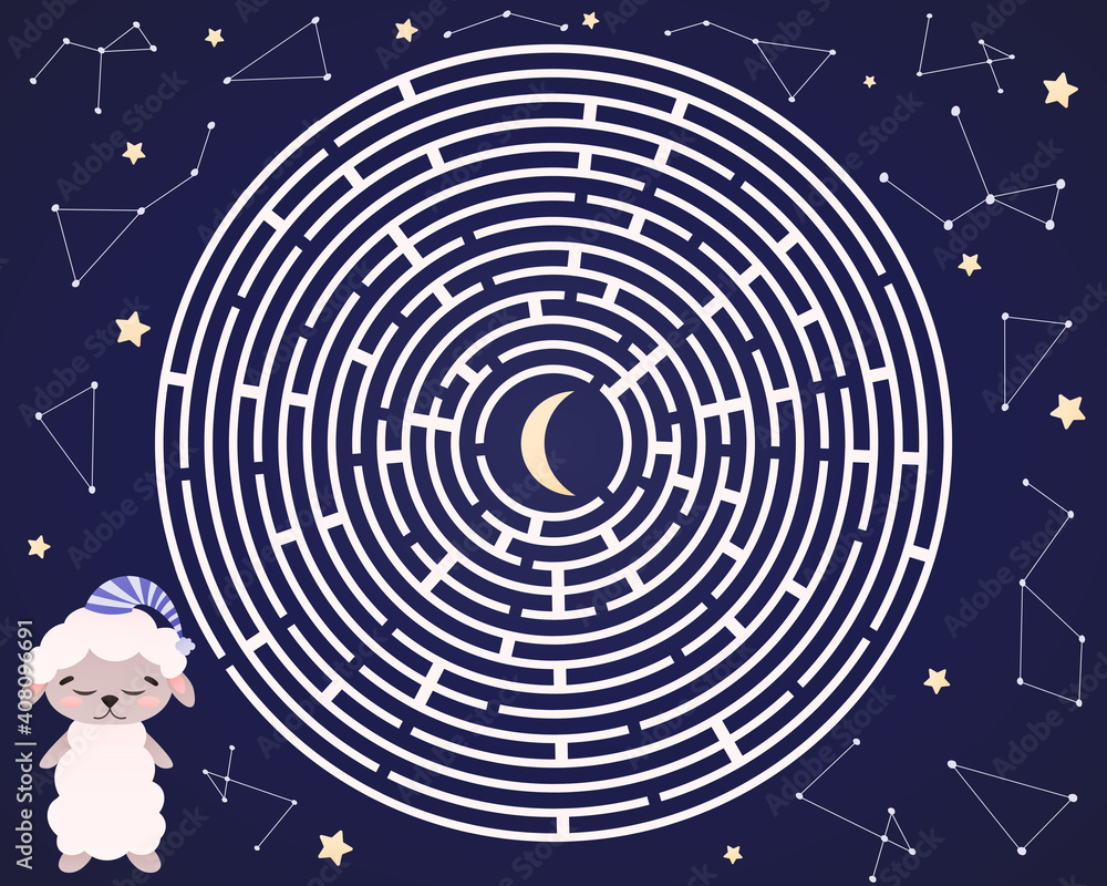 Childish labyrinth game, help little tired sheep find way to moon ...