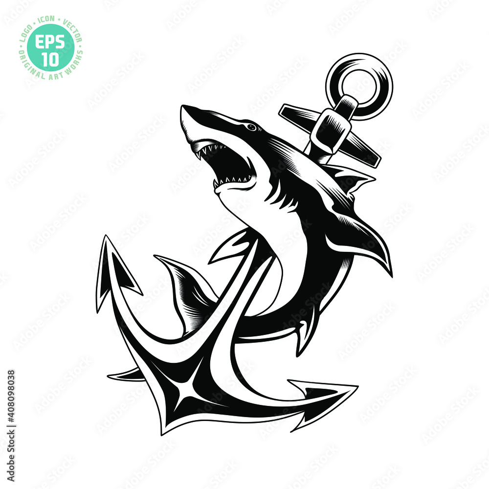 Black White Shark With Anchor Vector Stock Vector | Adobe Stock