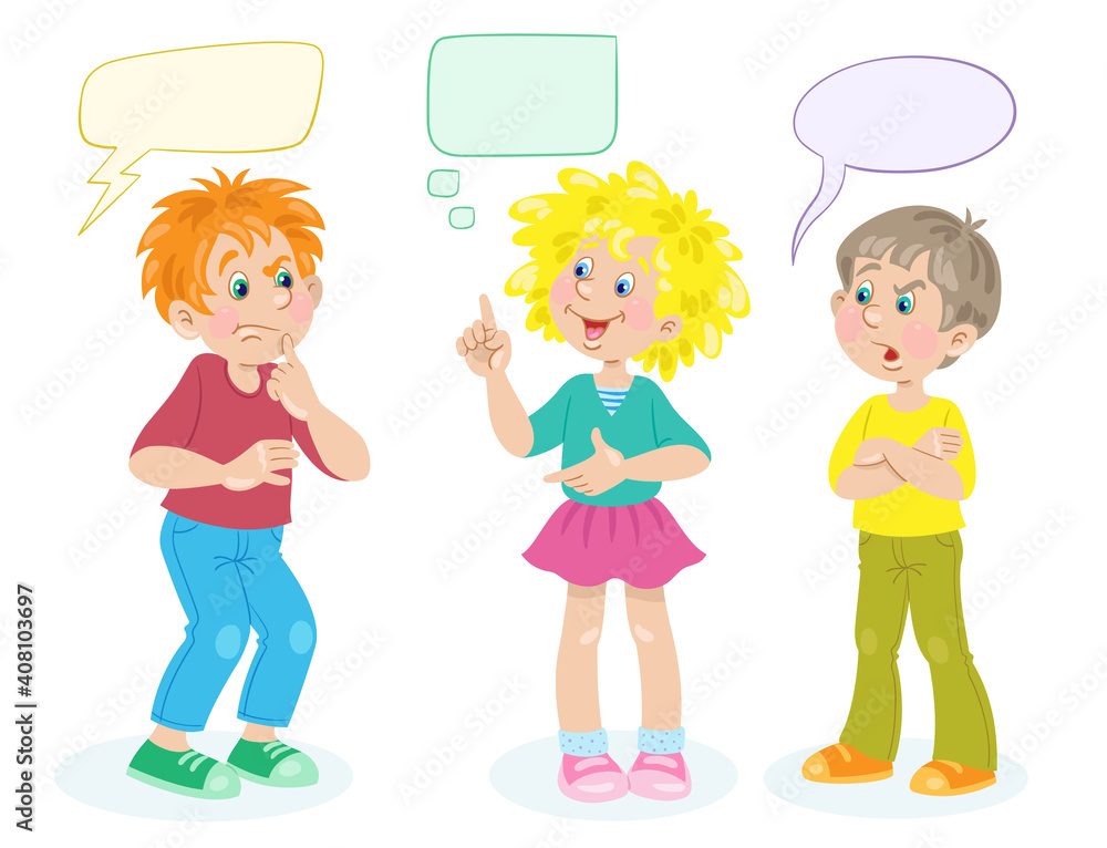 A cute girl and two boys are talking. Dialogue with speech bubbles. In ...