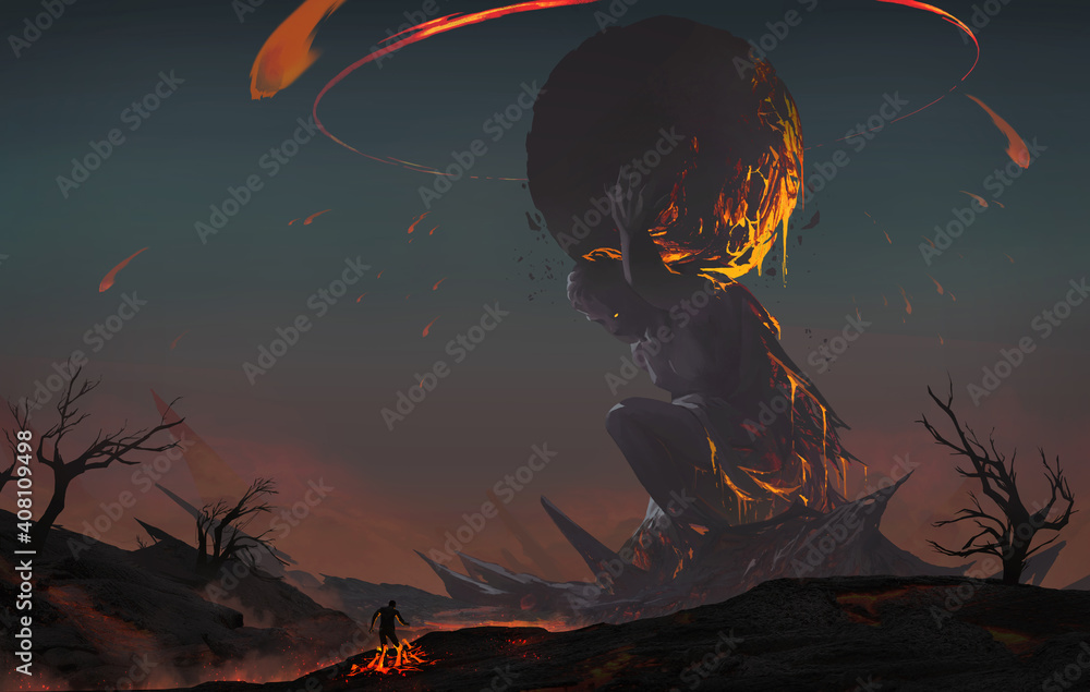 A digital illustration of the broken mythical god statue in the world ...
