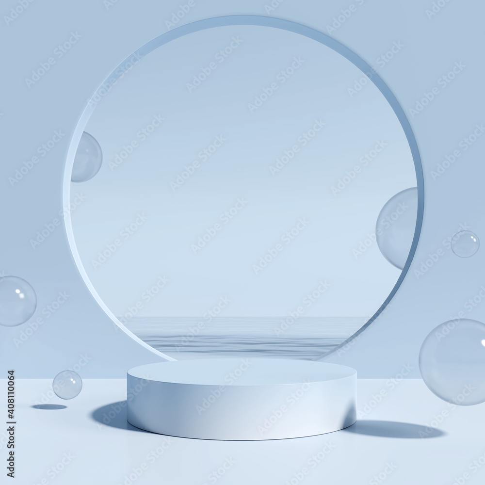 Cosmetic product stand. sphere shape glass on bright blue background ...