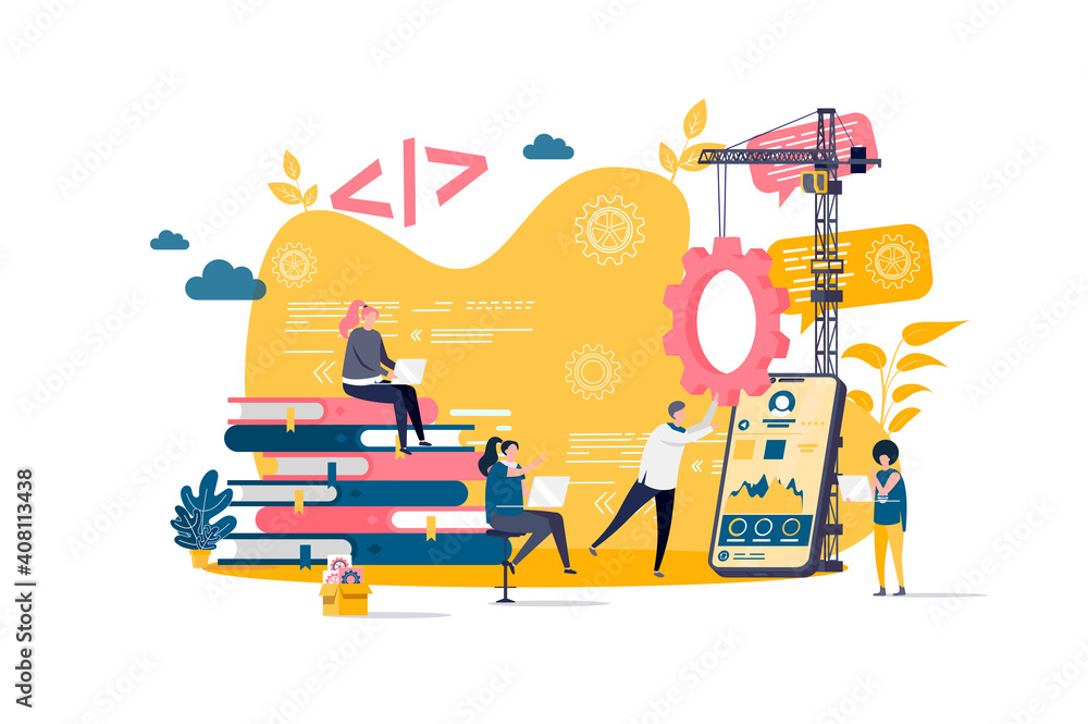 App development concept in flat style. Developers team creating mobile ...