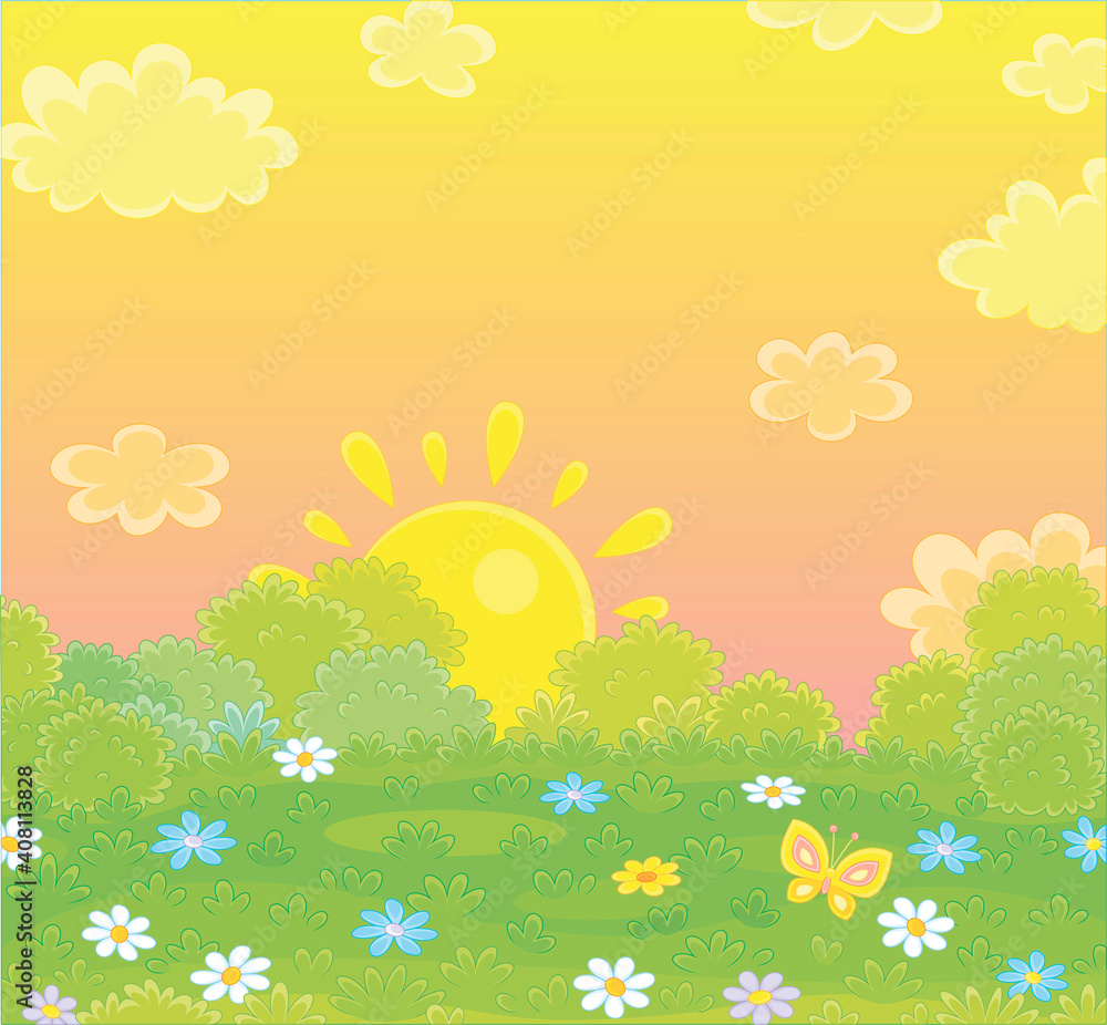 Bright yellow sun setting over a pretty green field with colorful ...