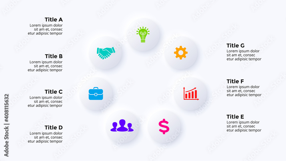 Neumorphic Vector Infographic. Cycle diagram. 7 circle options ...