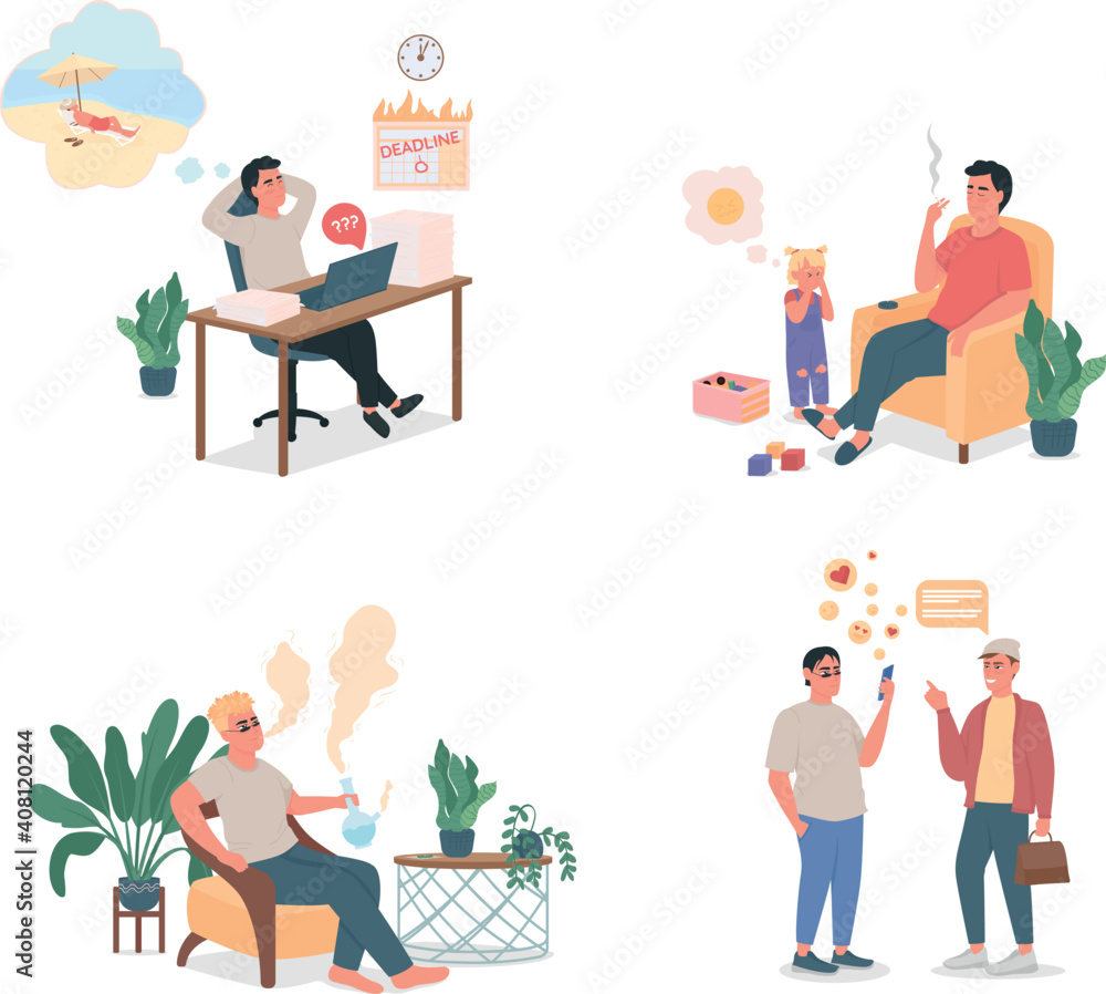 People with unhealthy lifestyle flat color vector detailed character ...