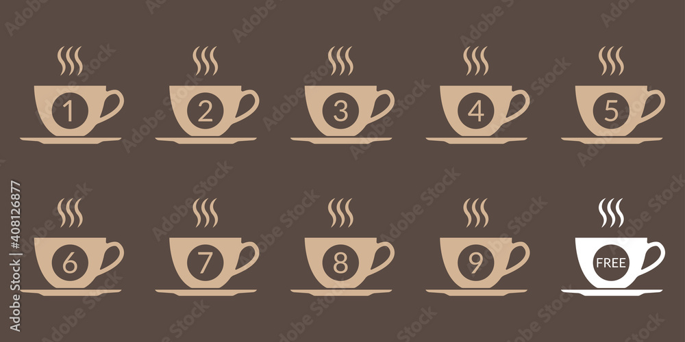 Coffee loyalty card concept with coffee cup icons. Buy 9 cups and get 1 ...