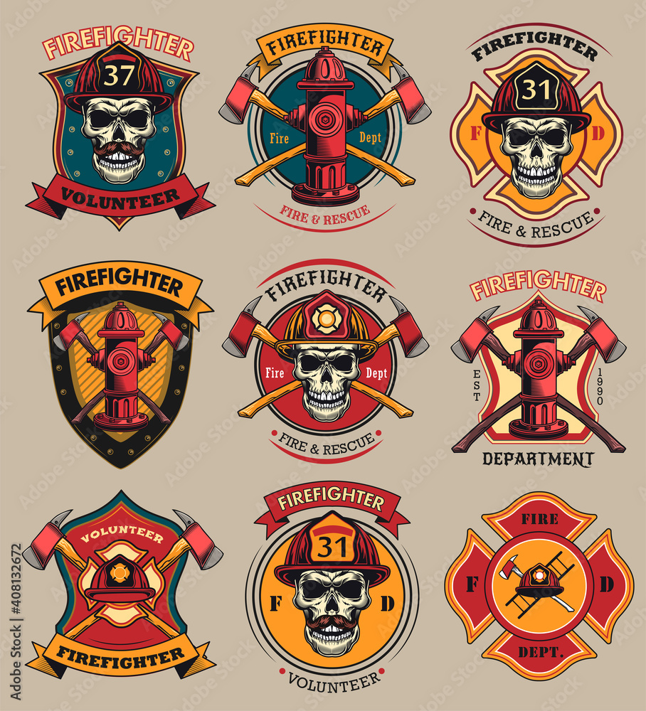 Firefighter patches set. Badges with skulls in helmets, axes, hydrant ...