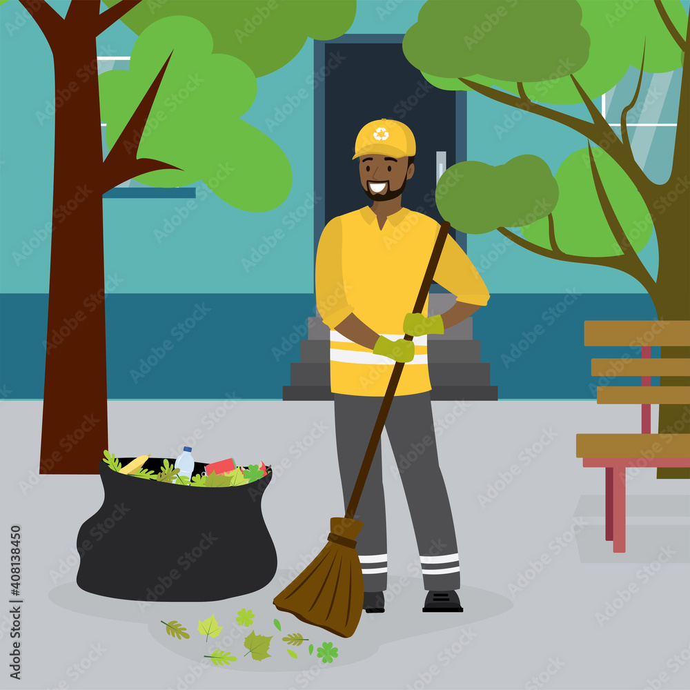 Garbage collector and trash bag with garbage. African american male ...