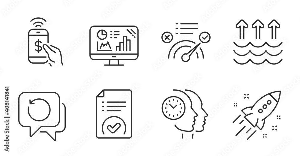Correct answer, Analytics graph and Time management line icons set ...