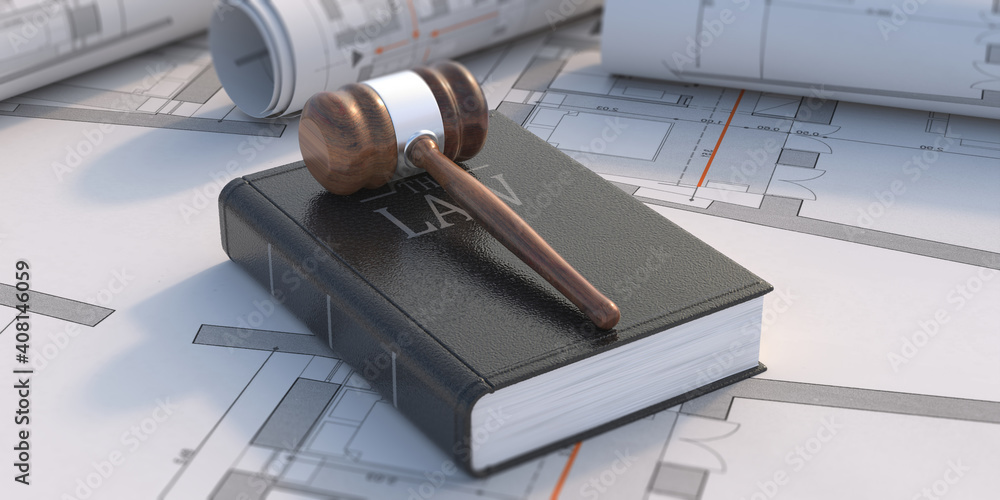 Construction, labor law concept. Judge gavel and book on project ...