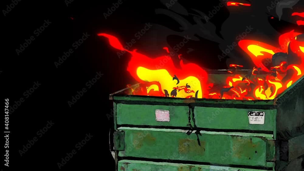 Dumpster Fire Cartoon Look on Black 4K Loop features a dumpster with ...