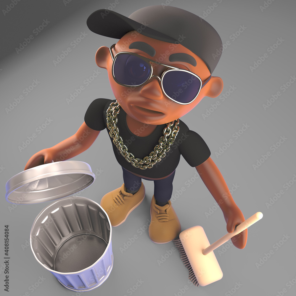 3d Black hip hop rapper in baseball cap cleaning with a trash can and ...