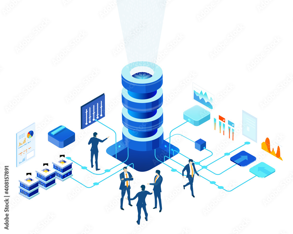 Isometric 3D business environment with business people working and ...