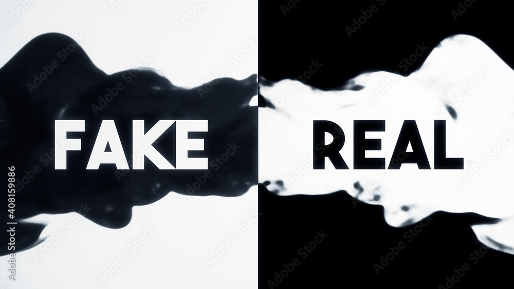 A visual dichotomy, Fake versus Real, appearing as text from ink ...