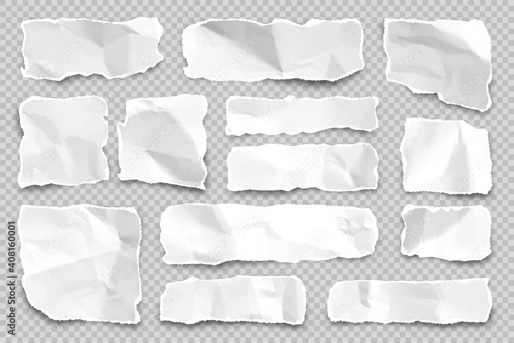 Ripped paper strips on transparent background. Realistic crumpled paper ...