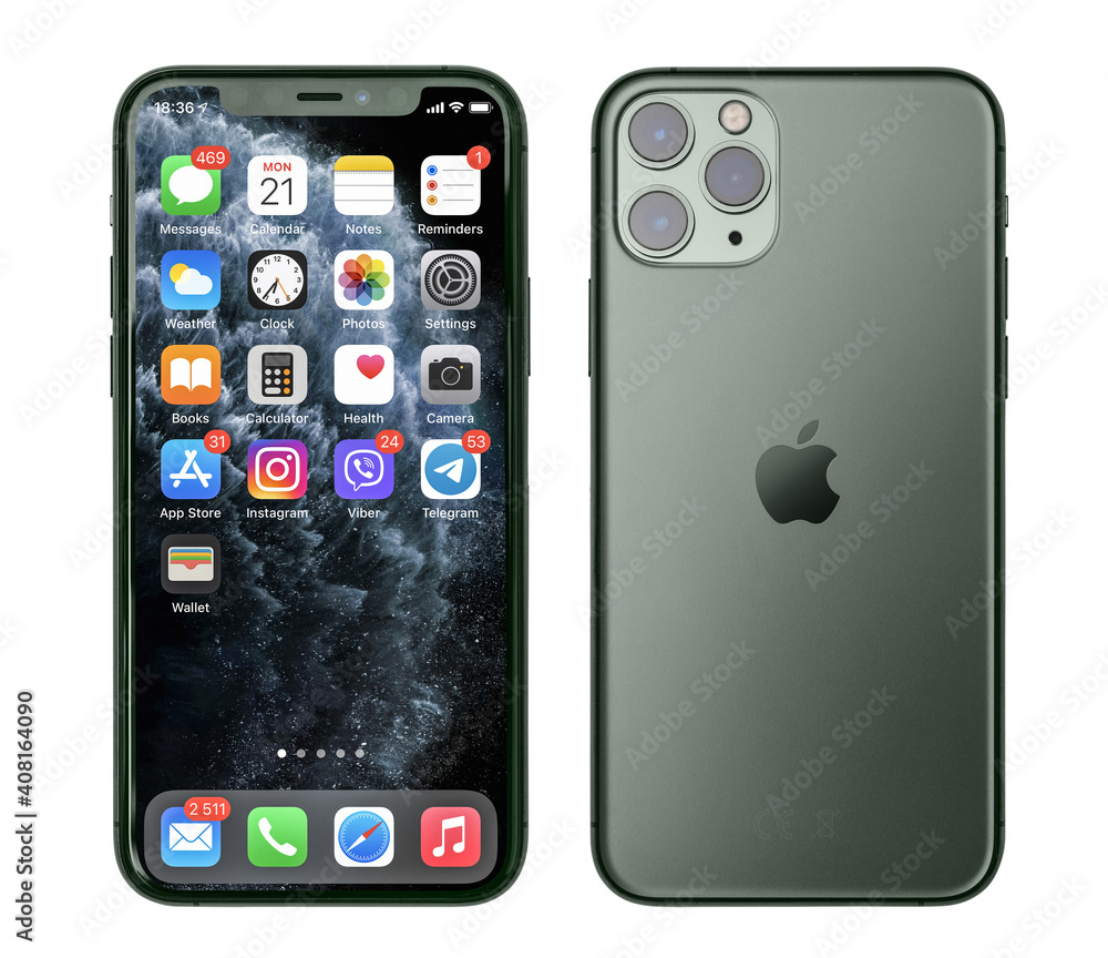 Front and back view of new Apple iPhone 11 Pro Midnight Green Stock ...