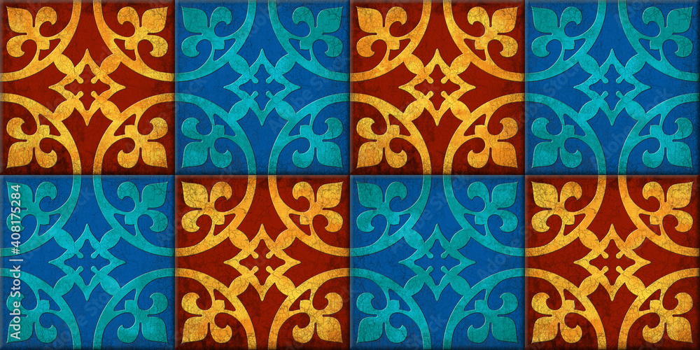 Render of tiles for interior design. Vintage. Red, gold and blue ...