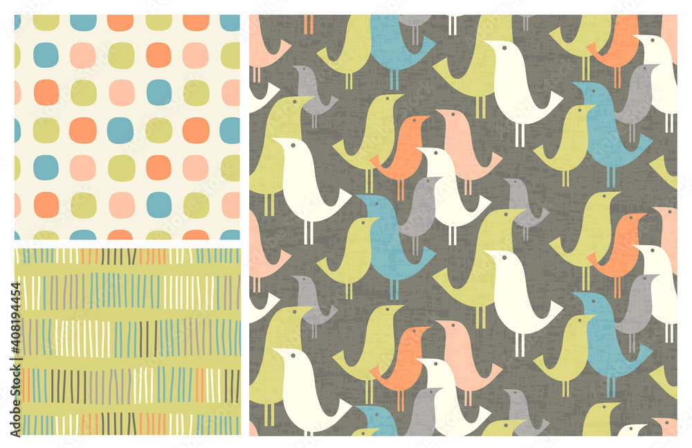 Spring mid-century modern birds seamless pattern with 2 coordinating ...