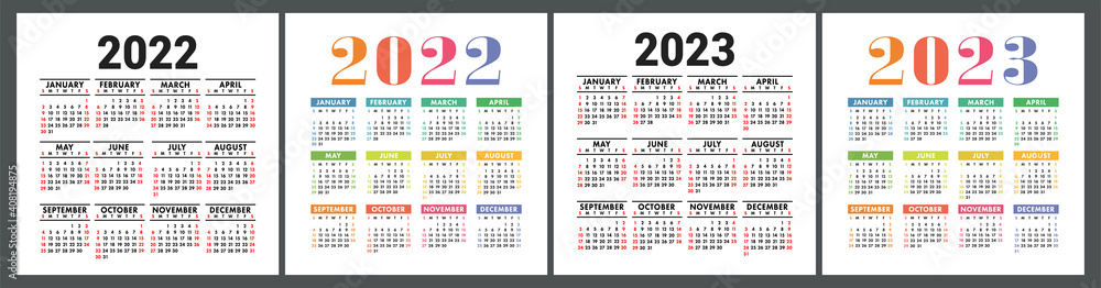 Calendars 2022 and 2023. English colorful vector set. Square wall or ...