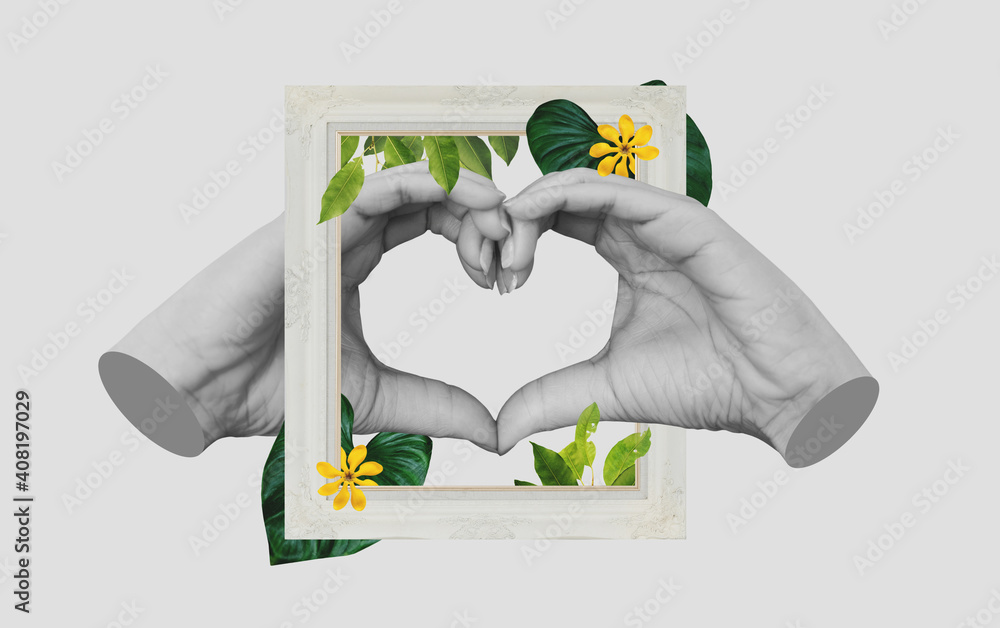 Digital collage modern art, Hands making Heart symbol, with retro ...