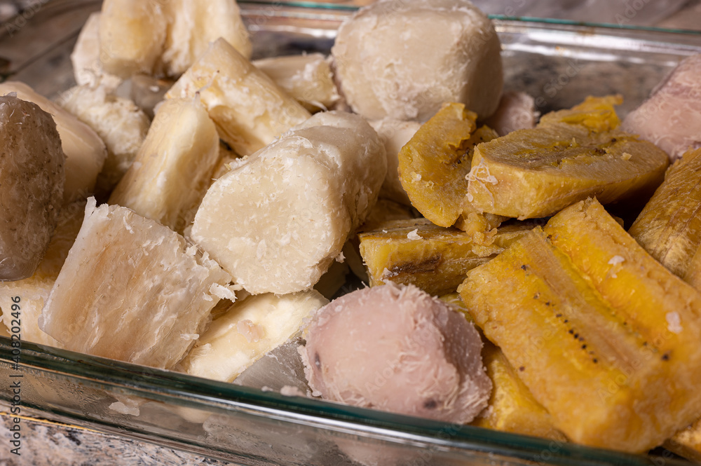 Bacalao and verdura recipe. A mix of Puerto Rican tubers including yuca ...