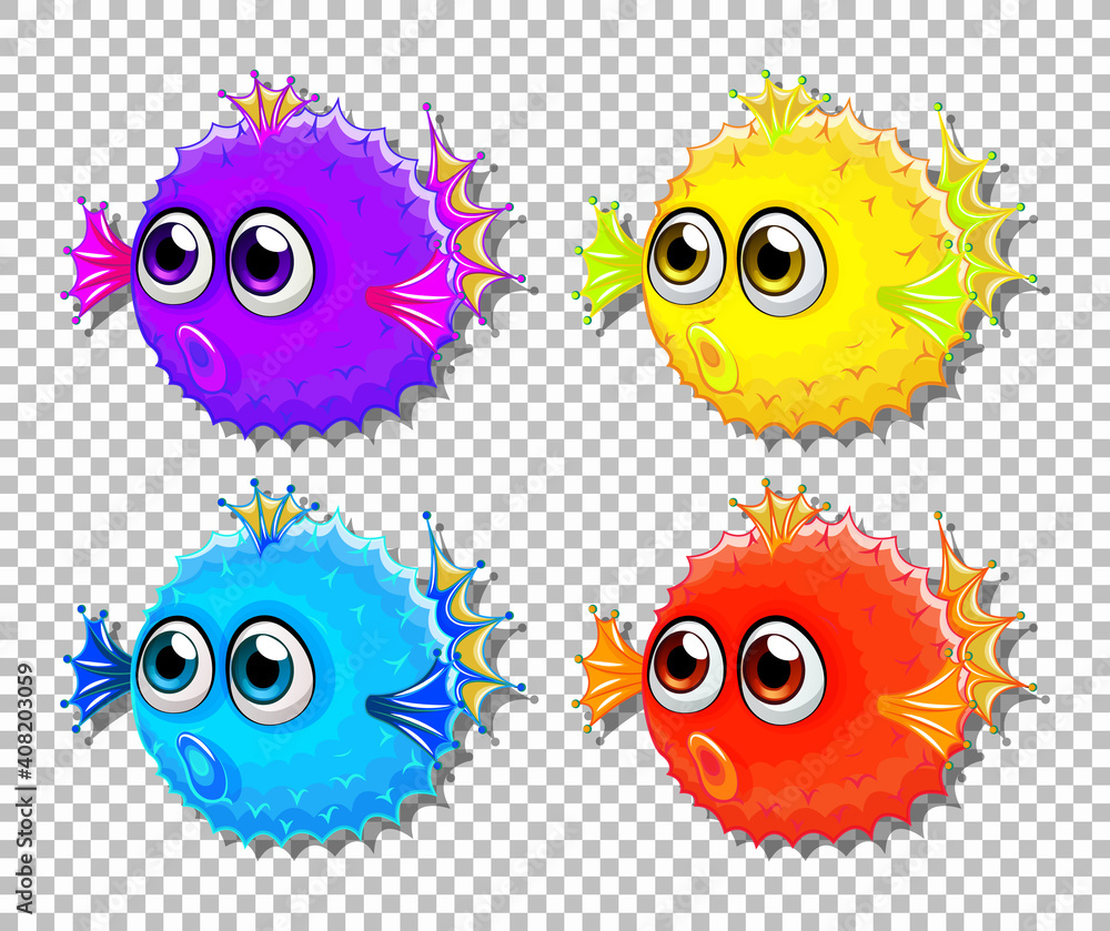 Set of different color puffer fish with big eyes cartoon character on ...