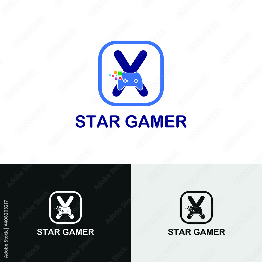 X initial letter with game console icon and pixel for gaming logo ...