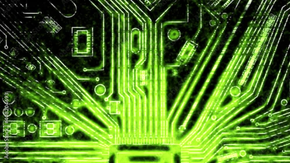 Animated medium shot that tracks up of a circuit board as energy pulses ...