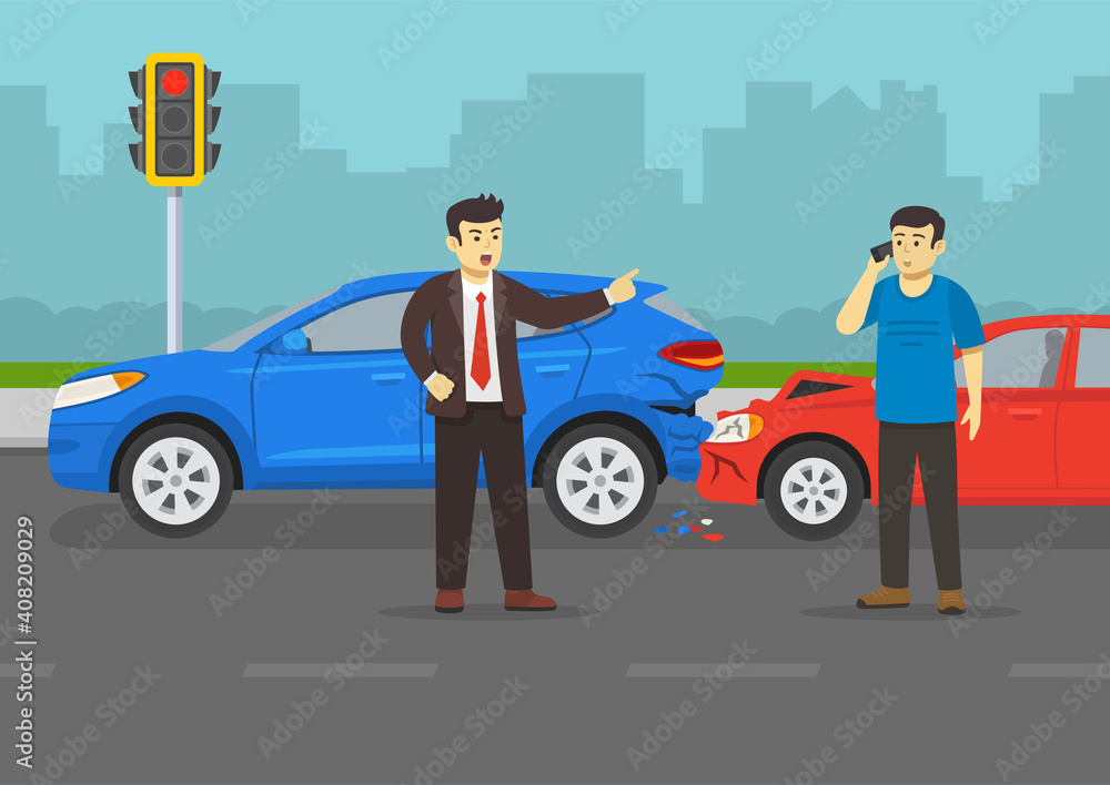 Traffic or road accident. Angry businessman or manager driver yelling ...