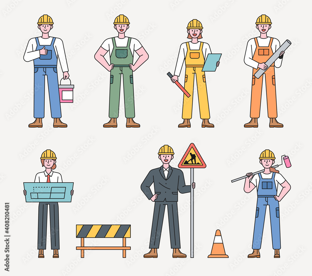 Worker character at construction site. Construction workers in various ...