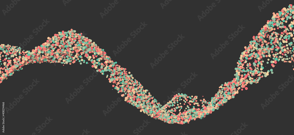 3D wavy background. Array with dynamic emitted particles. A wave formed from many spheres ...