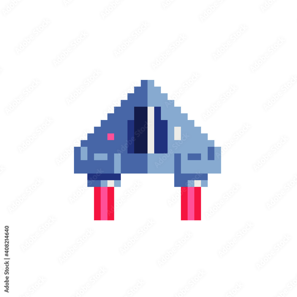 Video game spaceship. Pixel art style icon. Sci-fi game logo. Sticker ...
