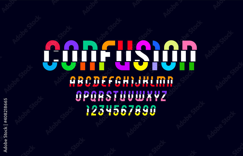 Bright broken font, trendy multi colored alphabet with shift, modern ...