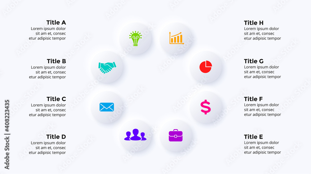 Neumorphic Vector Infographic. Cycle diagram. 8 circle options ...