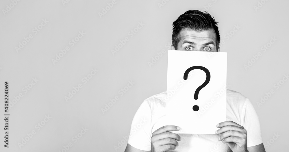 Question Mark. Problems and solutions. Portrait of man, peeking behind ...
