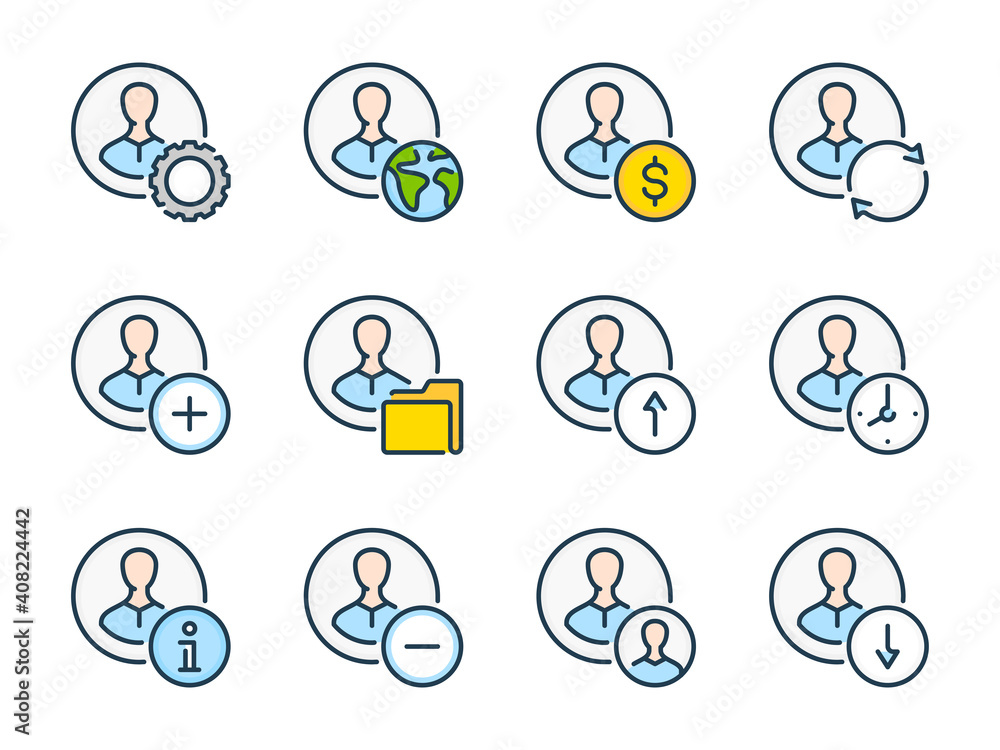 Account and Profile settings related vector line color icons. User ...