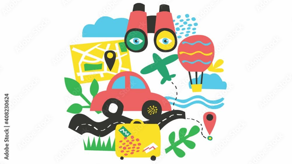 Video of fun trip. Animated set of hand drawn doodle, colorful symbol ...