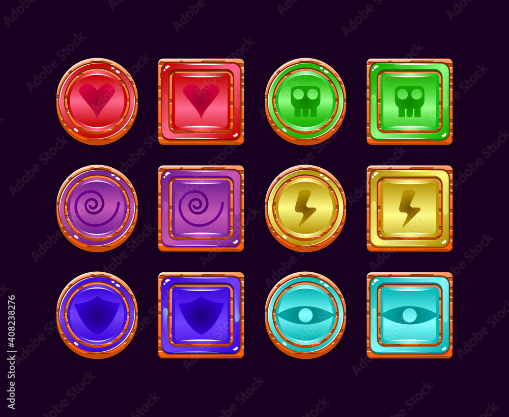 set of funny game ui wooden jelly magic power up icon for gui asset ...