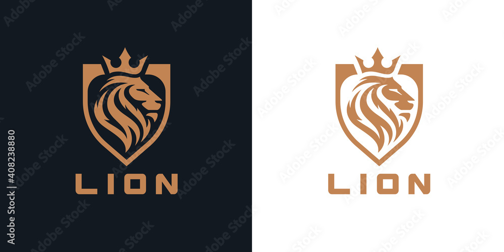 Lion head shield logo icon. Royal gold crown badge symbol. Premium king ...