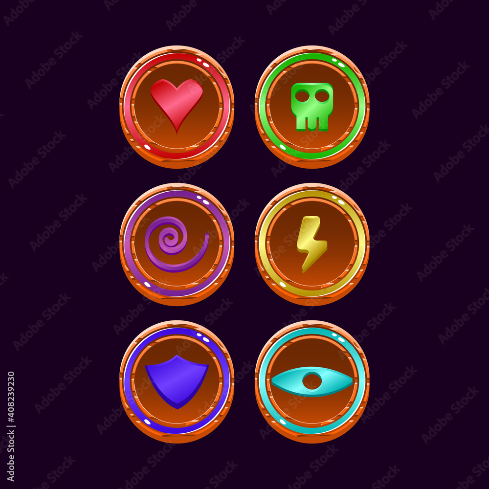 set of fantasy game ui wooden jelly magic power up icon for gui asset ...