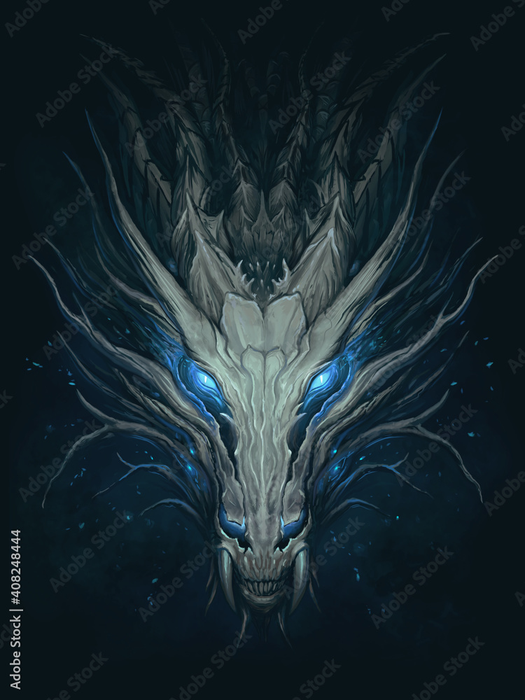Dark magic dragon. Dragon head on abstract blue background. Digital ...