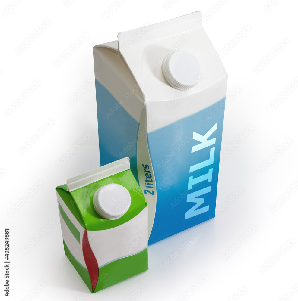 Cartons of pasteurized milk and fermented milk product on a white ...
